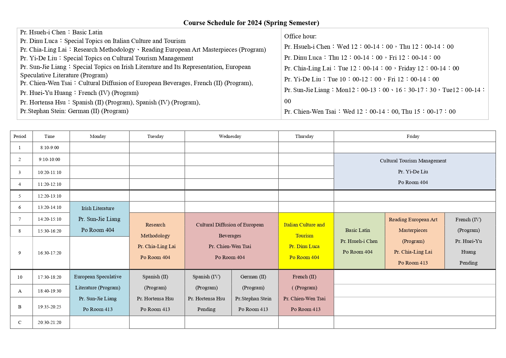 Course schedule for 2024 spring semester
